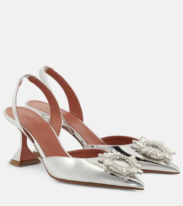 Amina Muaddi Begum 70 Mirrored Leather Slingback Pumps - Silver