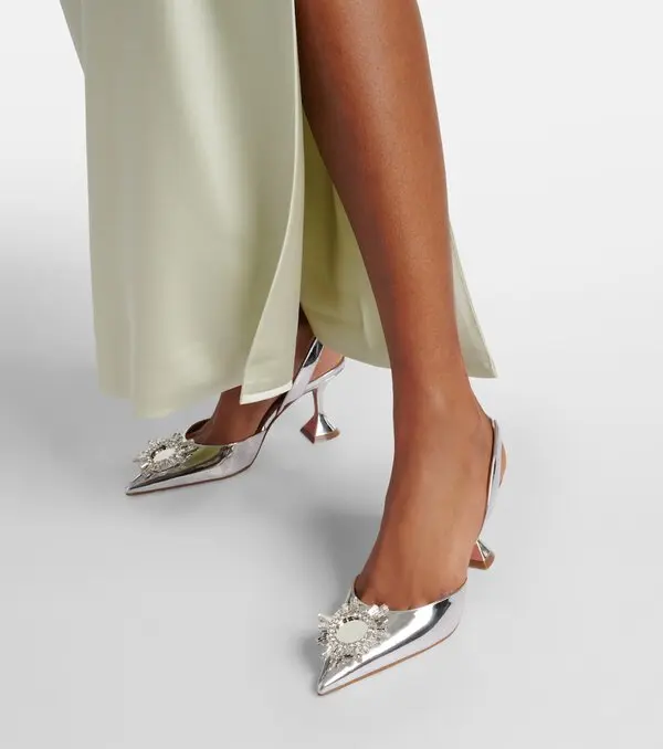 Amina Muaddi Begum 70 Mirrored Leather Slingback Pumps - Silver