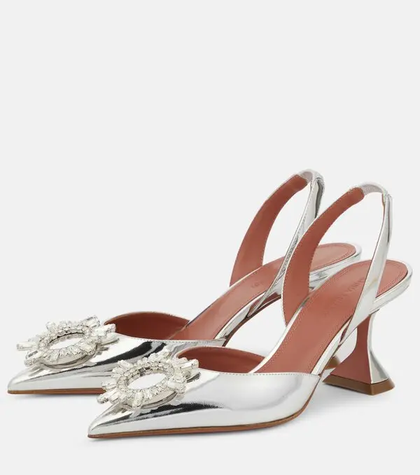 Amina Muaddi Begum 70 Mirrored Leather Slingback Pumps - Silver