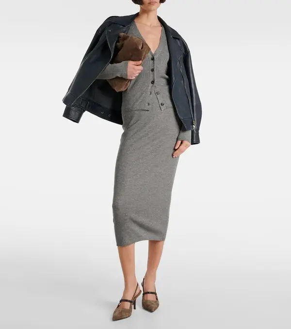 Brunello Cucinelli Ribbed-knit Midi Skirt - Grey