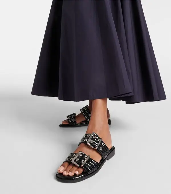 GANNI Studded Patent Leather Sandals - Black