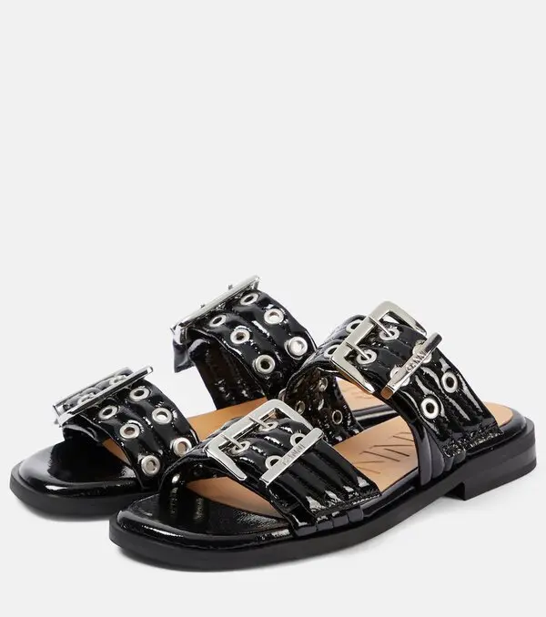 GANNI Studded Patent Leather Sandals - Black