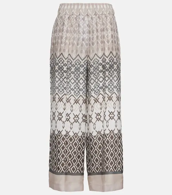 Brunello Cucinelli Printed Silk Wide-leg Pants - Grey