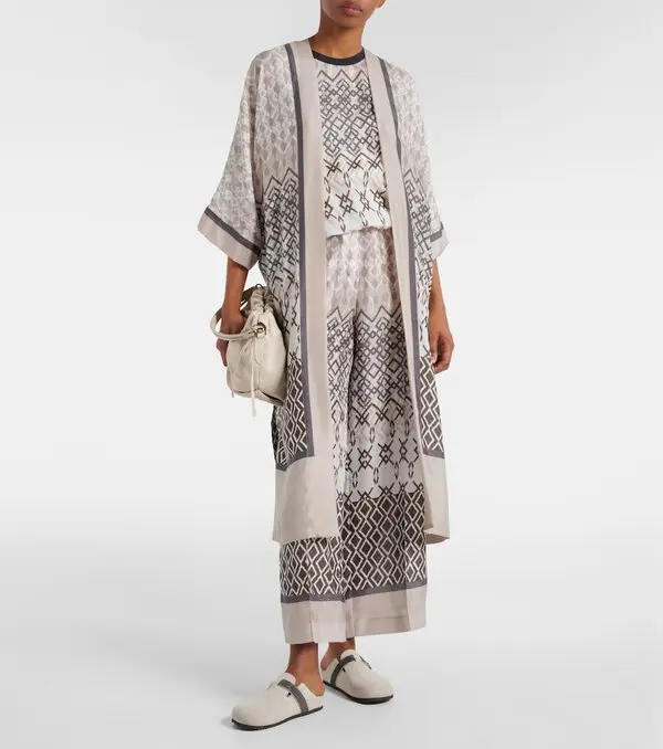 Brunello Cucinelli Printed Silk Wide-leg Pants - Grey