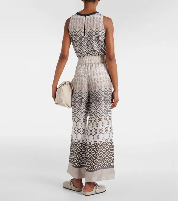 Brunello Cucinelli Printed Silk Wide-leg Pants - Grey