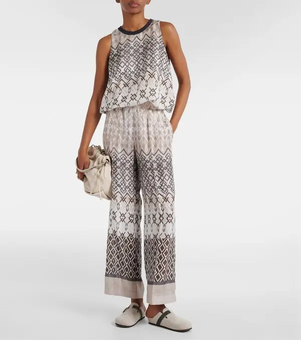 Brunello Cucinelli Printed Silk Wide-leg Pants - Grey