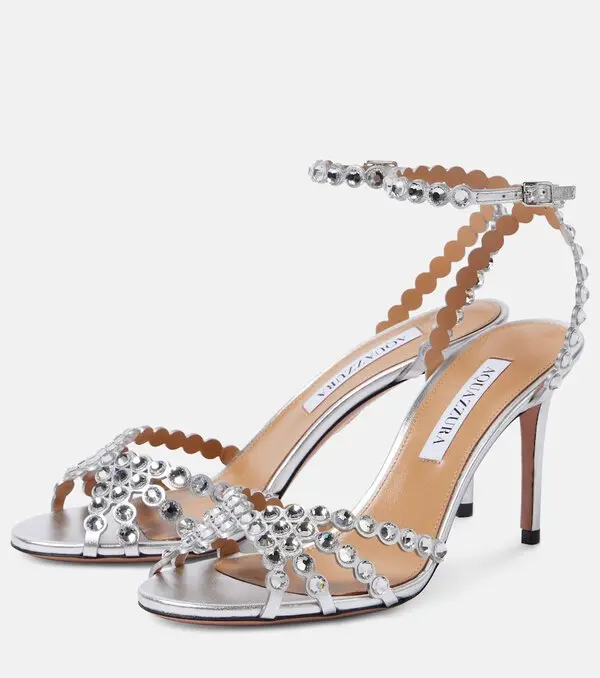AQUAZZURA Tequila 85 Embellished Leather Sandals - Silver