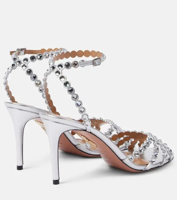 AQUAZZURA Tequila 85 Embellished Leather Sandals - Silver