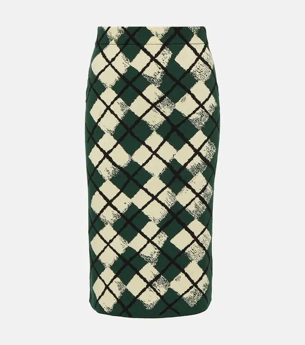 Burberry Checked Cotton Midi Skirt - Green