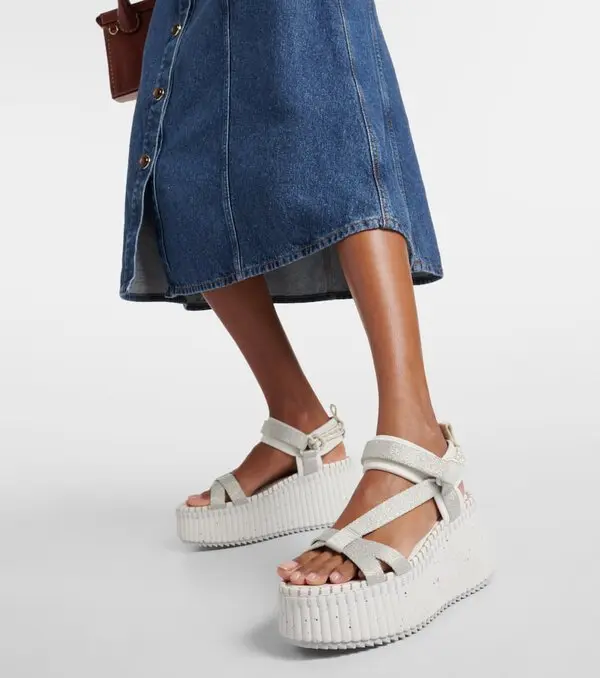 Chloé Nama Metallic Wedge Sandals - Silver