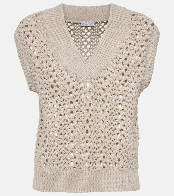 Brunello Cucinelli Open-knit Cotton-blend Vest - Beige