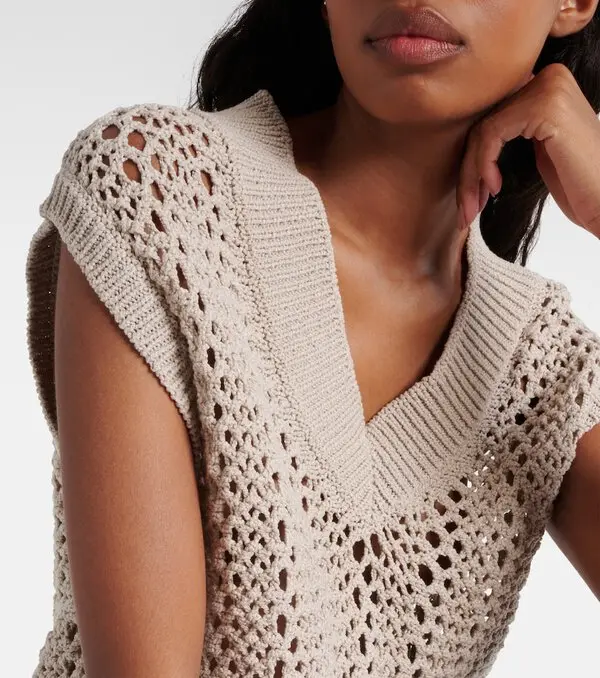 Brunello Cucinelli Open-knit Cotton-blend Sweater Vest - Beige