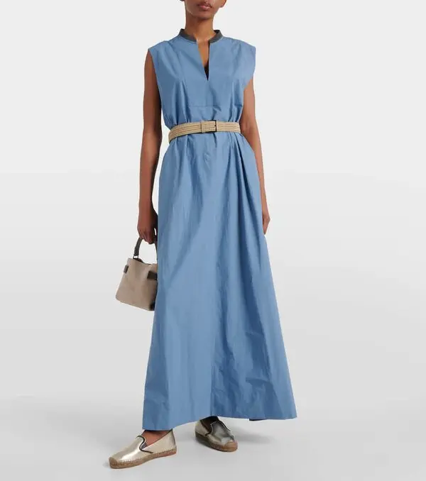 brunello cucinelli blue dress Twill dress with monili for Woman in Blue