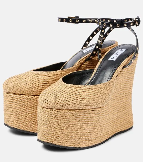Alaïa La Leather-trimmed Paper Straw Wedges