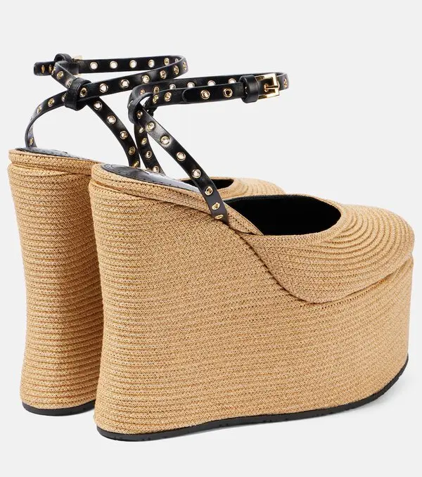 Alaïa La Leather-trimmed Paper Straw Wedges - Beige