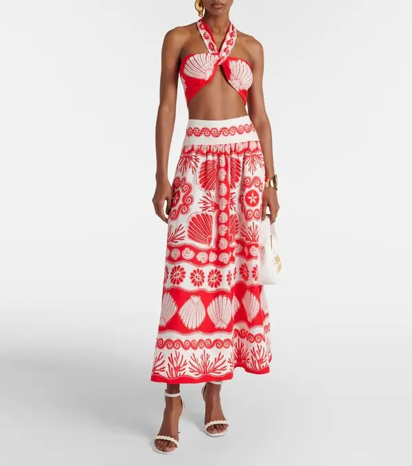 Farm Rio Ainika Shell Linen-Blend Maxi Skirt In Red - 29% Off | Editorialist