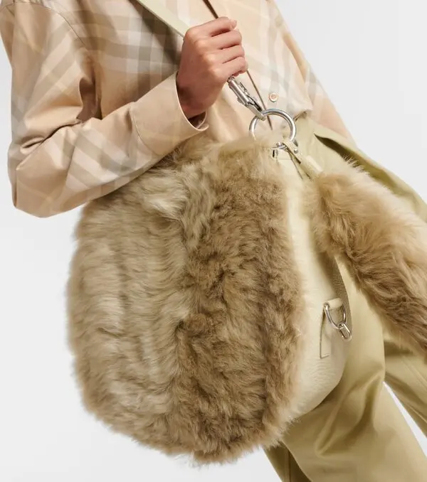 Burberry Knight Medium Shearling-trimmed Leather Shoulder Bag