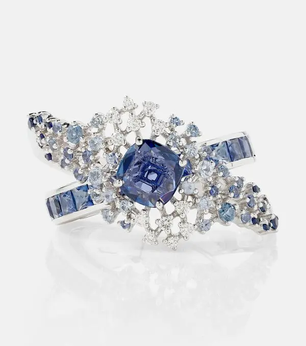 ANANYA Scatter Orbit Ring In 18kt White Gold With Sapphires And Diamonds - Silver