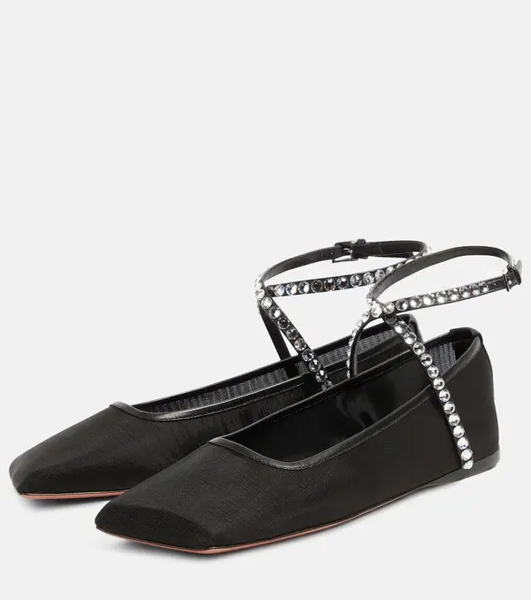 Amina Muaddi Crystal-embellished Mesh Flats - Black