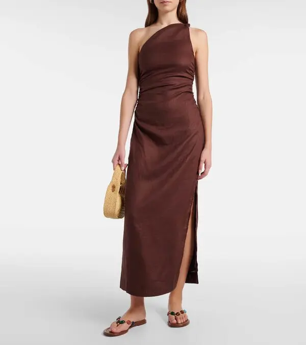 Faithfull The Brand Jomana One-Shoulder Linen Midi Dress - Brown - 50% Off  | Editorialist