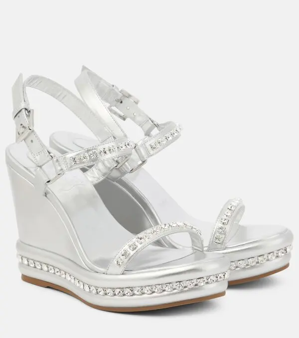 CHRISTIAN LOUBOUTIN Pyrastrass Metallic Leather Wedge Sandals - Silver