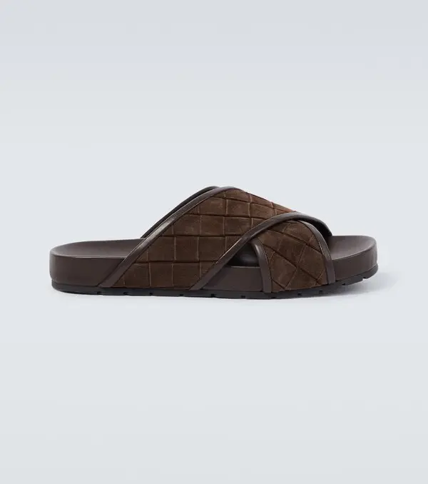 Bottega Veneta Tarik Intrecciato Suede Slides - Brown