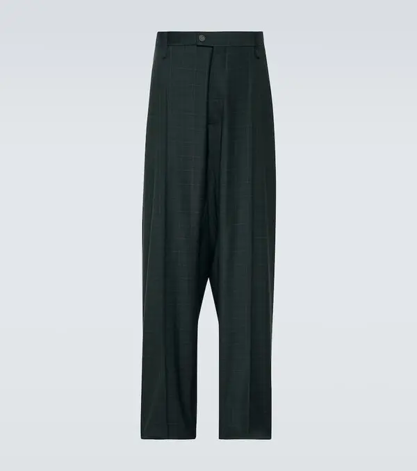 Balenciaga Skater Checked Wool Wide-Leg Pants - Green | Editorialist