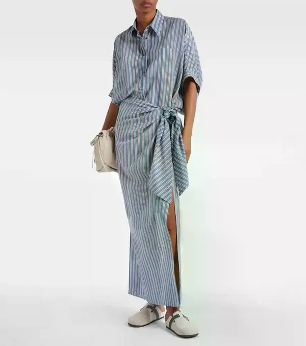 Brunello Cucinelli Striped Cotton And Silk Wrap Skirt - Blue