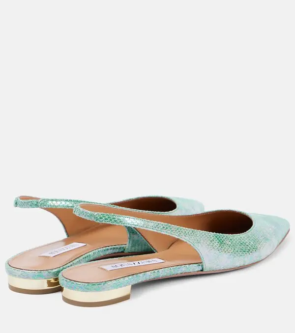 AQUAZZURA Purist Snake-effect Slingback Flats - Green