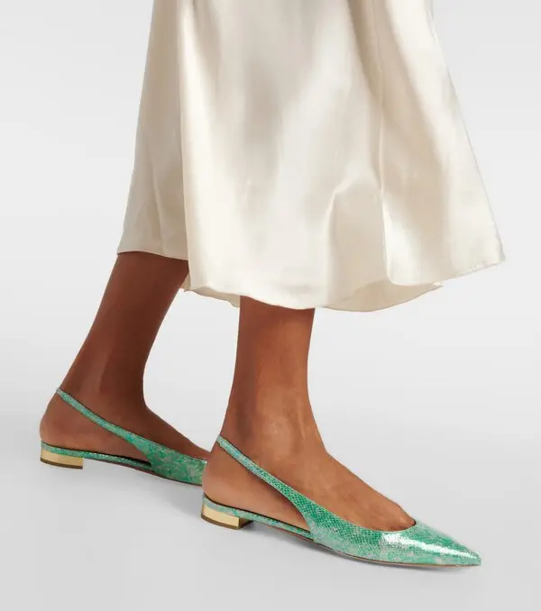AQUAZZURA Purist Snake-effect Slingback Flats - Green