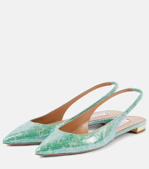 AQUAZZURA Purist Snake-effect Slingback Flats - Green