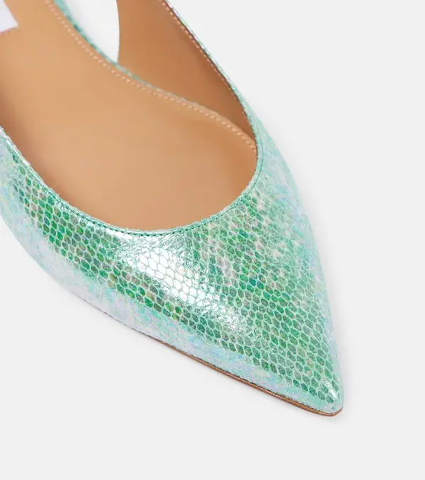 AQUAZZURA Purist Snake-effect Slingback Flats - Green