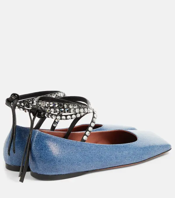 Amina Muaddi Ane Embellished Denim Ballet Flats