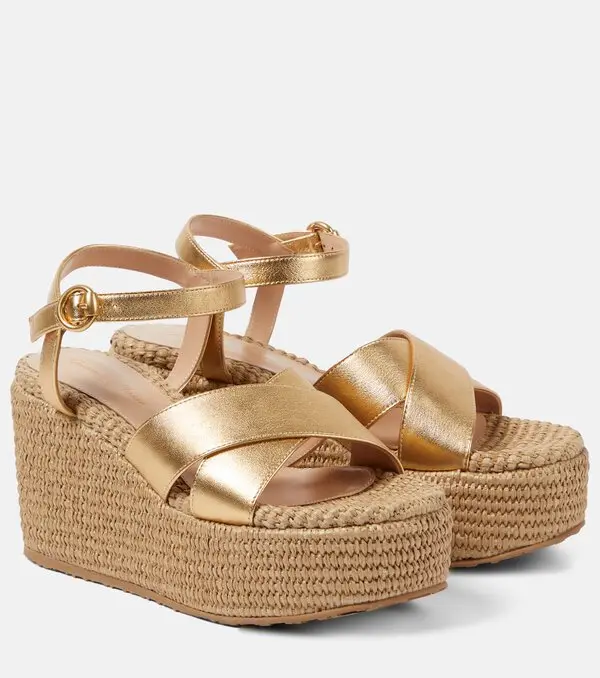 GIANVITO ROSSI Leather And Raffia Platform Sandals - Gold