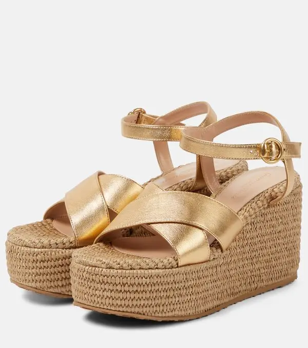 GIANVITO ROSSI Leather And Raffia Platform Sandals - Gold