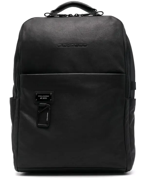 PIQUADRO Leather Logo Plaque Laptop Backpack - Black