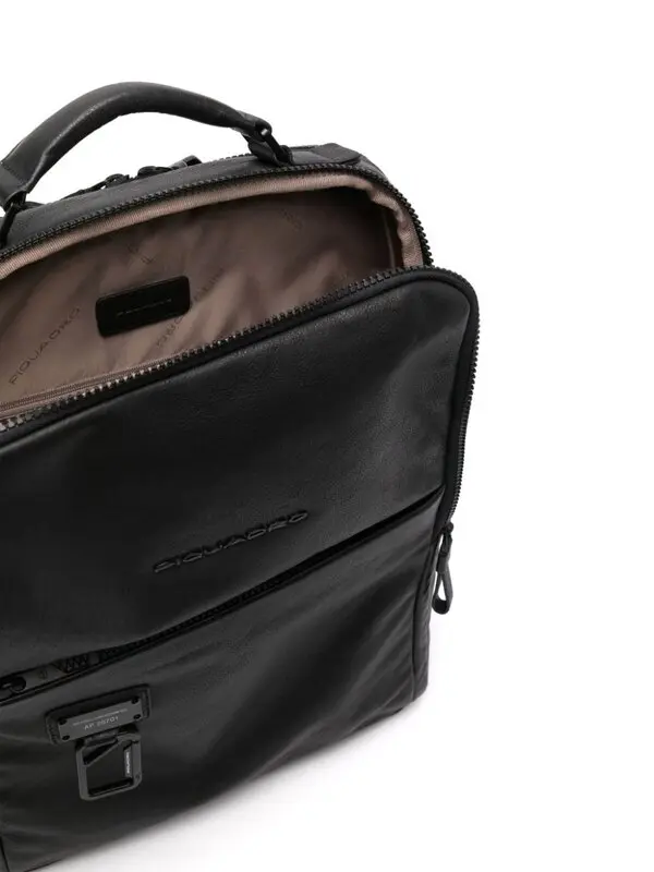 PIQUADRO Leather Logo Plaque Laptop Backpack - Black