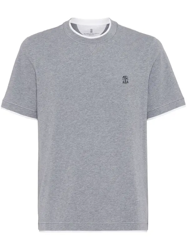 Brunello Cucinelli Logo-embroidered Contrast-trim T-shirt - Grey