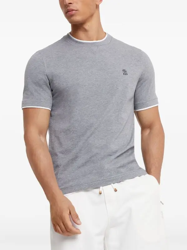 Brunello Cucinelli Logo-embroidered Contrast-trim T-shirt - Grey