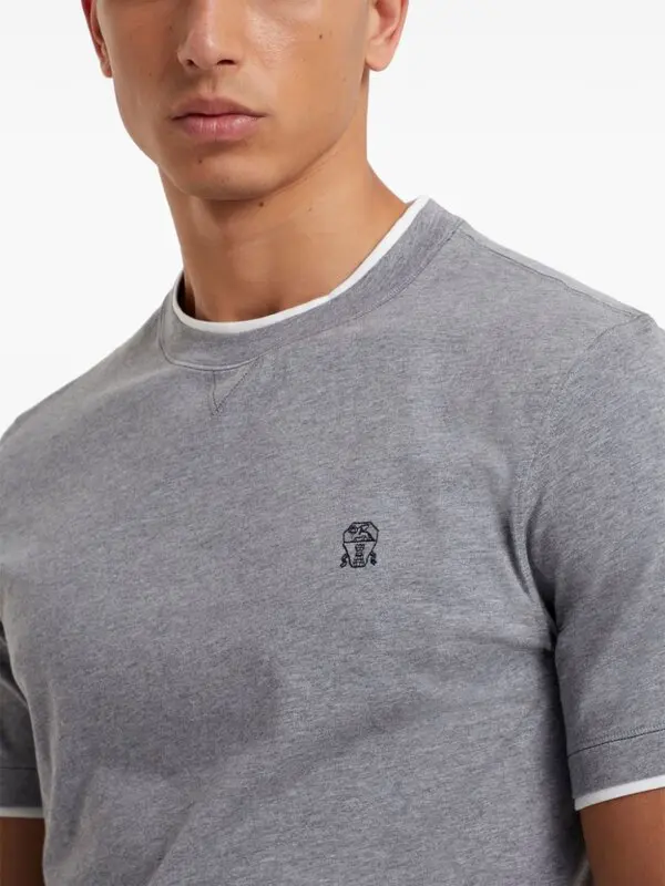 Brunello Cucinelli Logo-embroidered Contrast-trim T-shirt - Grey