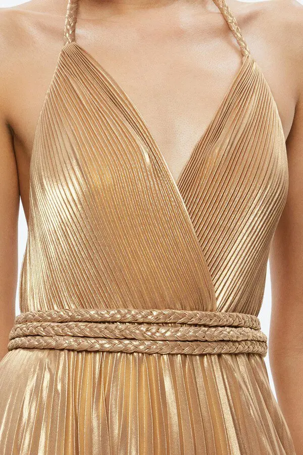 Alice + Olivia Tresa Pleated Maxi Dress With Slit In Gold - 60% Off |  Editorialist