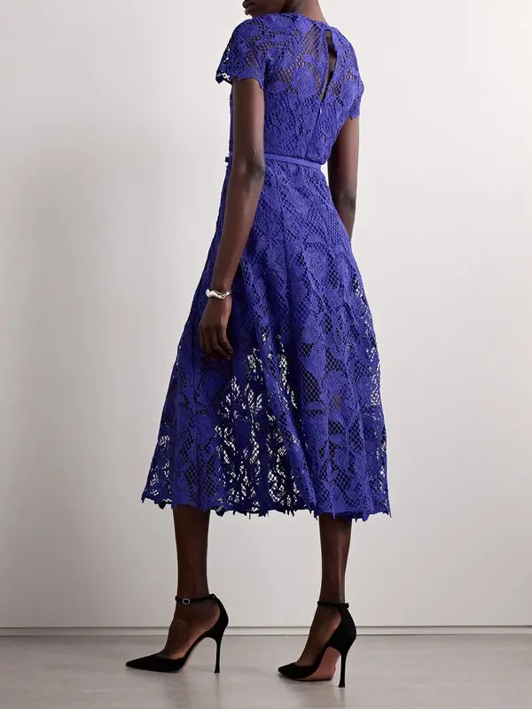 SELF-PORTRAIT Belted Guipure Lace Midi Dress