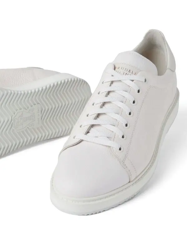 Brunello Cucinelli Grained Leather Lace-up Sneakers - White