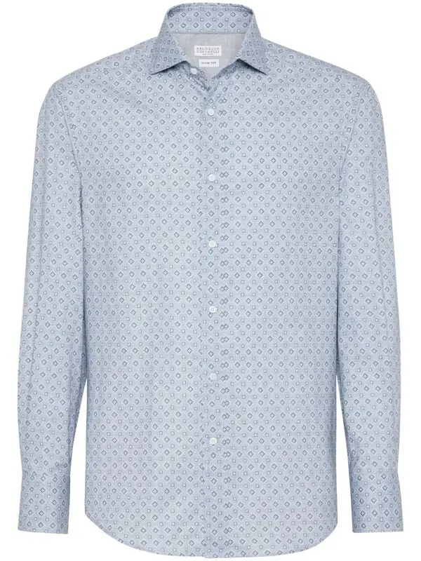 Brunello Cucinelli Geometric-pattern Cotton Shirt - Blue