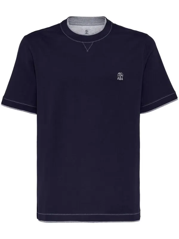 Brunello Cucinelli Logo-embroidered Contrast-trim T-shirt - Blue