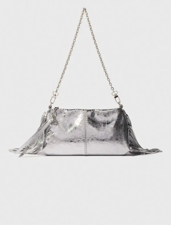 Maje Miss M Metallic Crackled Leather Clutch With Fringes And Chain Strap - Silver