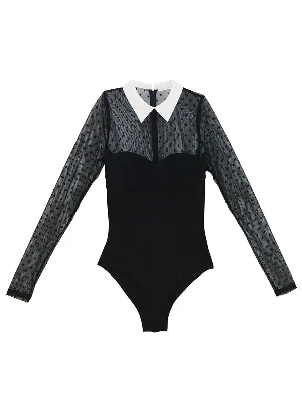 FLEUR DU MAL Collared Bodysuit With Dotted Tulle - Black