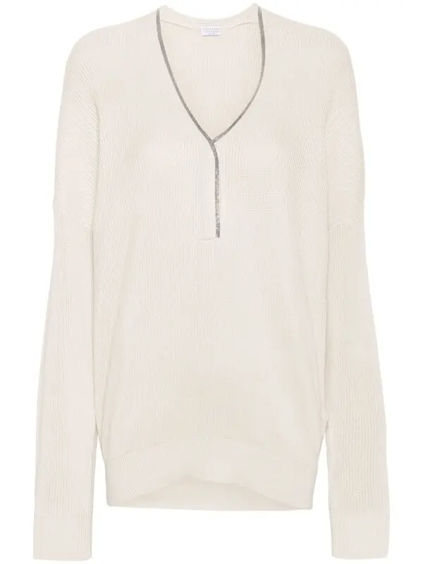 Brunello Cucinelli Ribbed Jumper With Monili Chain - Neutrals