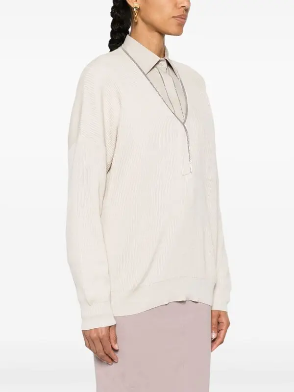 Brunello Cucinelli Ribbed Jumper With Monili Chain - Neutrals
