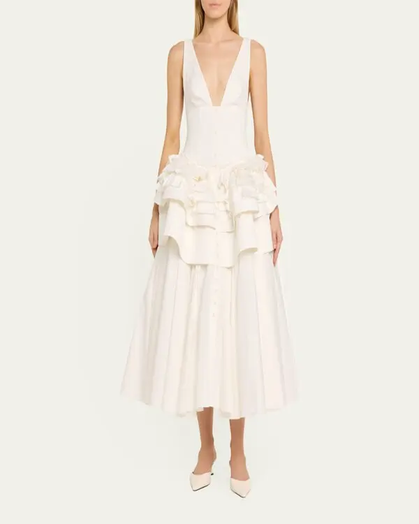 Christopher John Rogers Tiered Ruffle Peplum Midi Dress